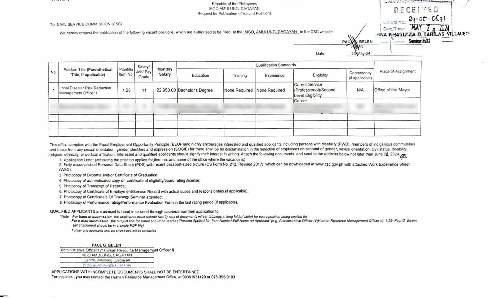 LOCAL DISASTER RISK REDUCTION MANAGEMENT OFFICER I - Amulung